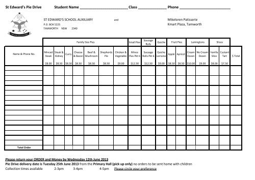 Pie Drive Order Form - St Edwards Primary School