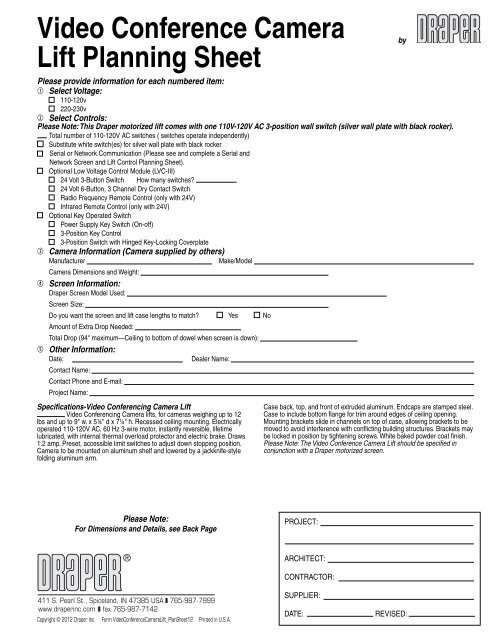 Video Conference Camera Lift Planning Sheet - Draper, Inc.