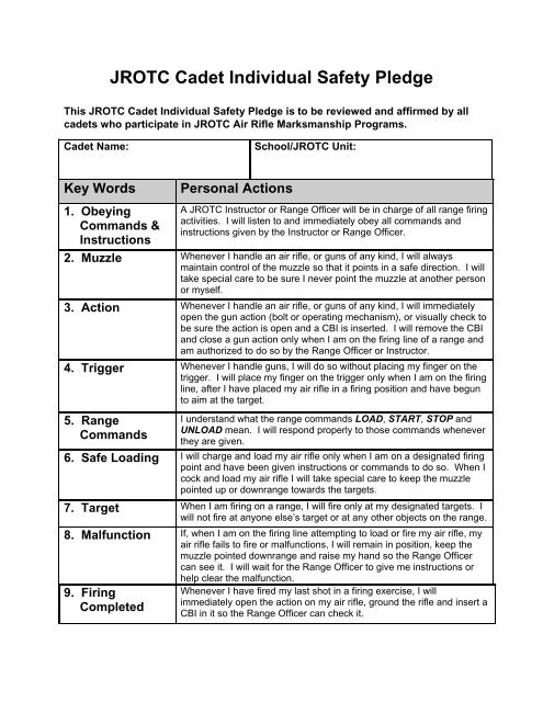 JROTC Cadet Individual Safety Pledge
