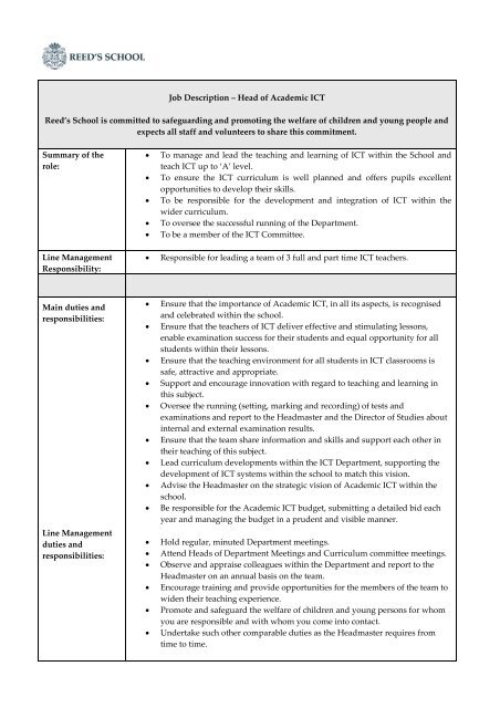 job description and person specification v1 Jan 09 - Reed's School