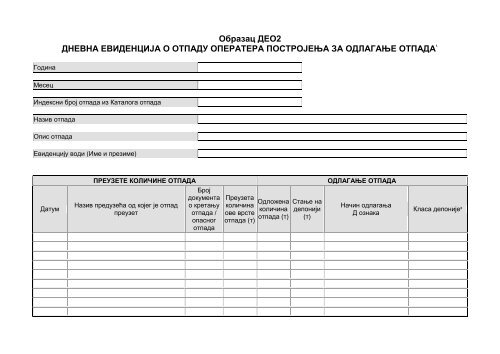 Obrazac - deo2 Dnevna evidencija o otpadu operatera ... - Paragraf