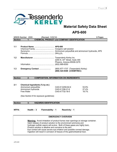 APS-600â ¢ MSDS - Tessenderlo Kerley