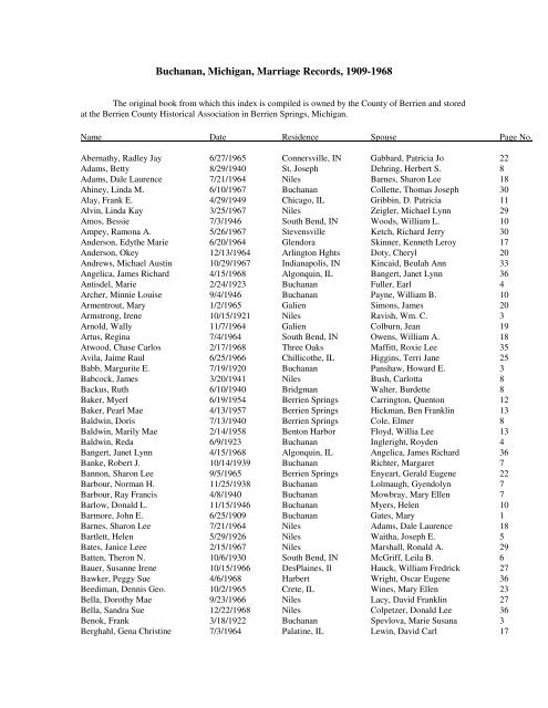 Buchanan, Michigan, Marriage Records, 1909-1968