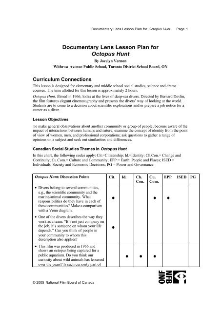 Documentary Lens Lesson Plan for Octopus Hunt - Office national ...