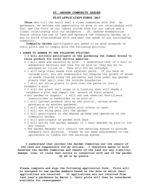 st. andrew community garden plot application form - 2013