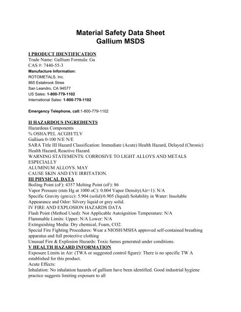 Material Safety Data Sheet Gallium MSDS - RotoMetals, Inc