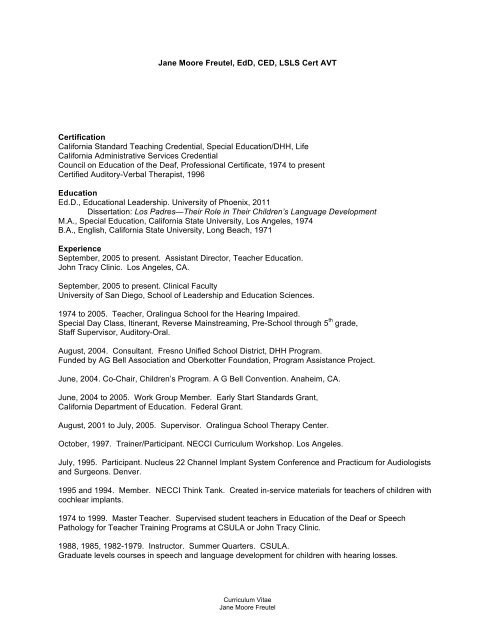 CV Jane Freutel - Sites - University of San Diego