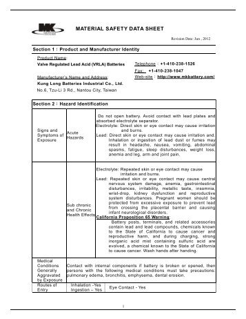 Wet Lead Acid MSDS - MK Battery