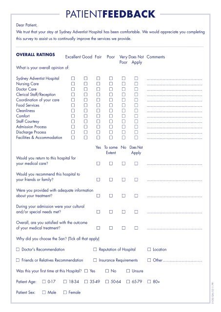 feedback form - Sydney Adventist Hospital