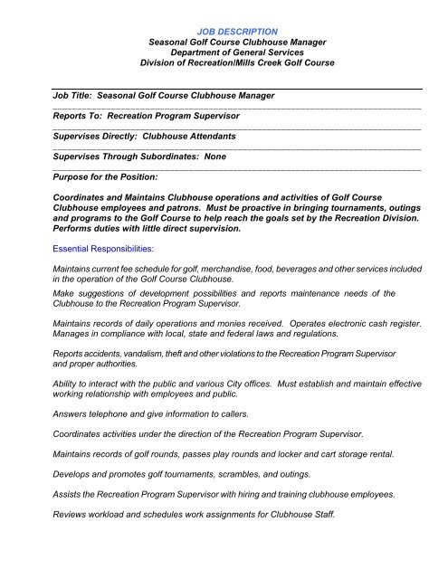JOB DESCRIPTION Seasonal Golf Course ... - City of Sandusky