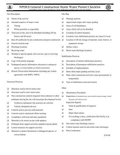 NPDES General Construction Stormwater Permit Checklist