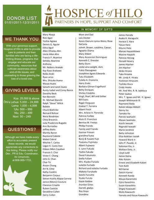 DONOR LIST - Hospice of Hilo
