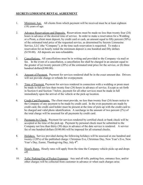 secrets limousine rental agreement - Secrets Limousine Service