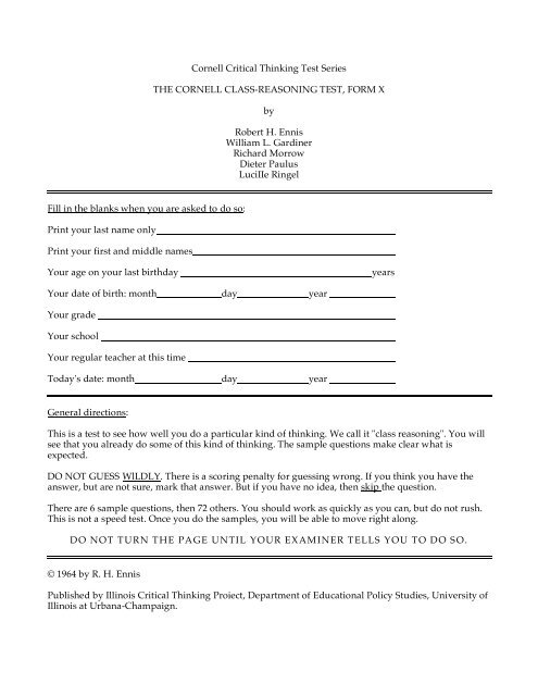 Cornell Critical Thinking Test Series THE CORNELL CLASS ...