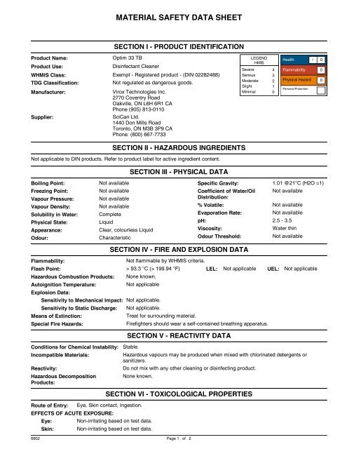 OPTIM 33TB MSDS sheet - Scican.uk.com