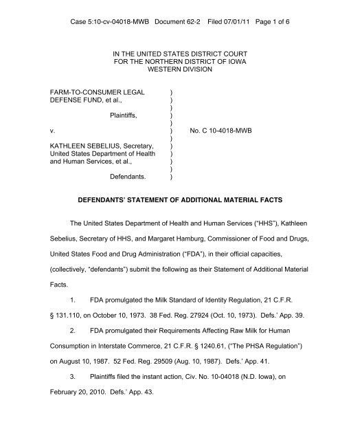 Statement of Additional Material Facts - Farm to Consumer Legal ...