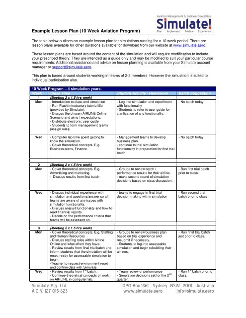 Example Lesson Plan - 10 week aviation