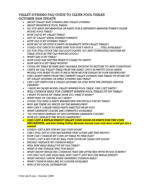 Valley-dynamo faq guide to older pool tables