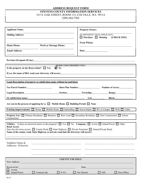 ADDRESS REQUEST FORM STEVENS COUNTY INFORMATION ...