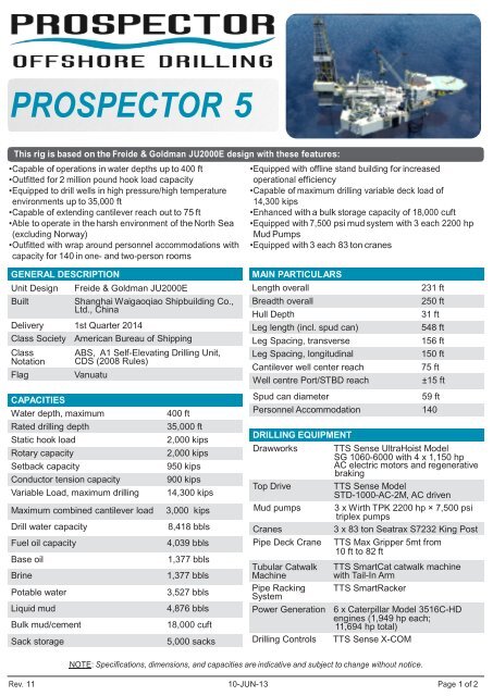 Prospector 5- Rig Specifications - Prospector Offshore Drilling