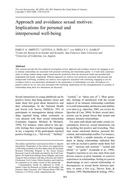 Approach and avoidance sexual motives: Implications for personal ...