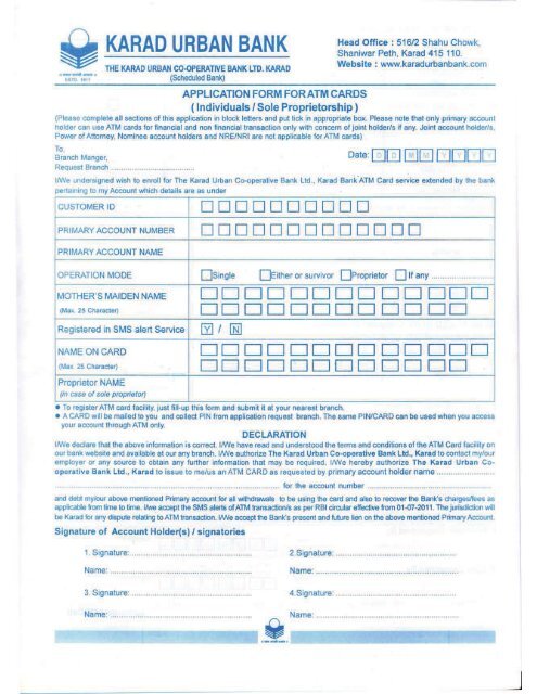 ATM Application Form - Karad Urban Co-operative Bank