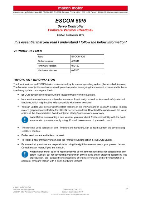 ESCON 50/5 Firmware Version «readme» - Maxon Motor ag