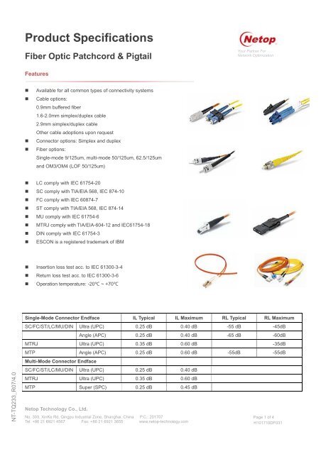 Product Specifications Fiber Optic Patchcord & Pigtail - Netop