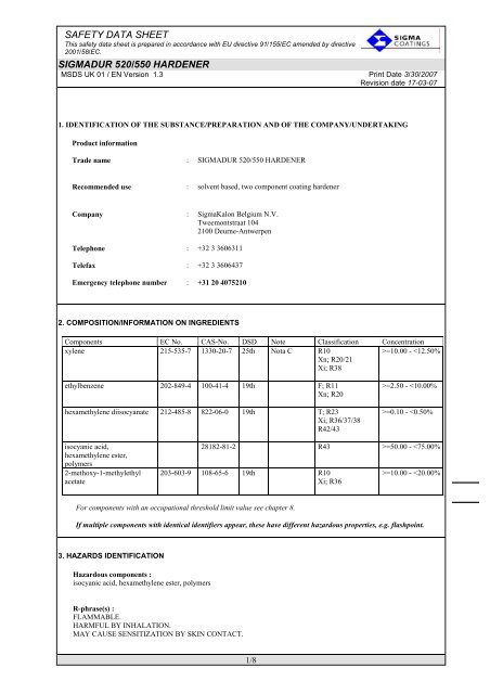 SAFETY DATA SHEET SIGMADUR 520/550 HARDENER - Promain
