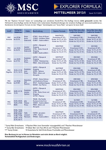 EXPLORER FORMULA - MSC Kreuzfahrten