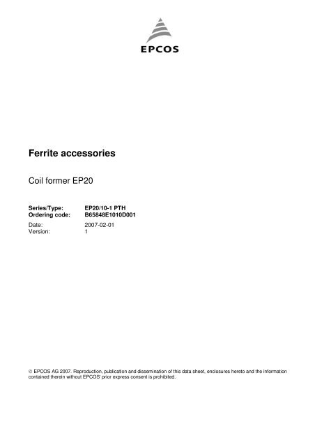 Ferrites and accessories, EP20, Coil former - Epcos