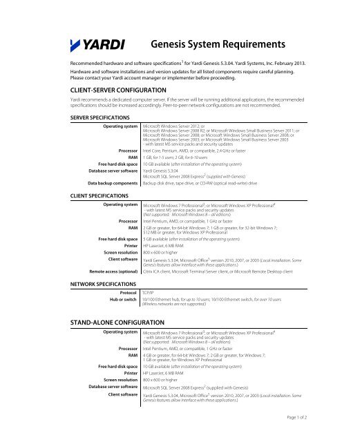 Yardi Genesis System Requirements