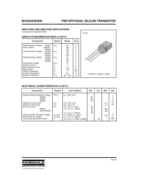 Bc636/638/540 PNP Epitaxial Silicon Transistor - Futurlec