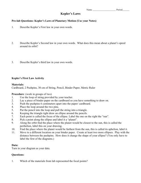 Kepler laws activity.. - Analy High School Staff