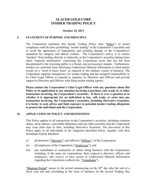 ALACER GOLD CORP. INSIDER TRADING POLICY