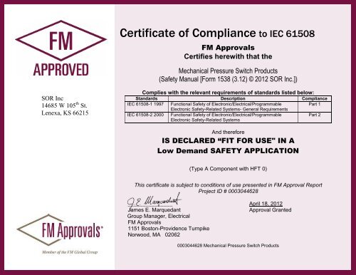 SIL Pressure Switch Certificate - SOR Inc.