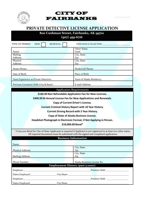 CITY OF FAIRBANKS PRIVATE DETECTIVE LICENSE APPLICATION