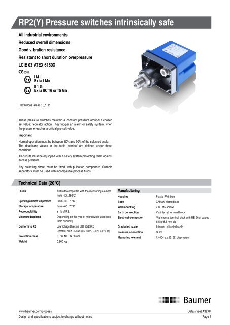 RP2(Y) Pressure switches intrinsically safe - Baumer