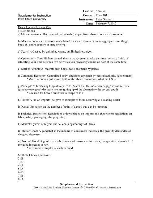 Exam 1 Review Answer Key - Iowa State University