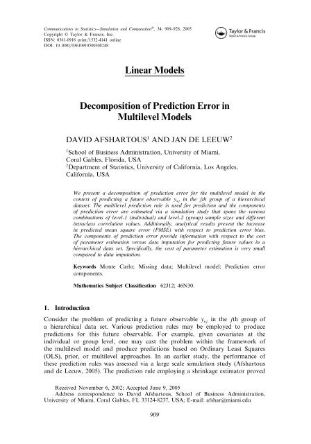 Linear Models Decomposition Of Prediction Error In Multilevel Models