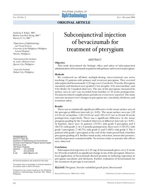 Subconjunctival injection of bevacizumab for treatment of pterygium