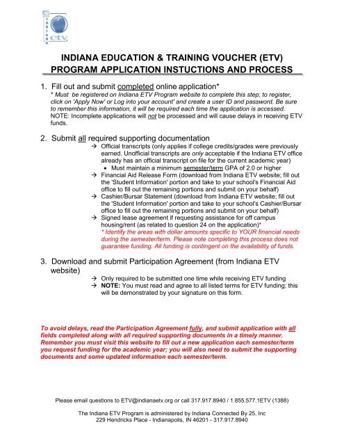 INDIANA EDUCATION & TRAINING VOUCHER (ETV) PROGRAM ...