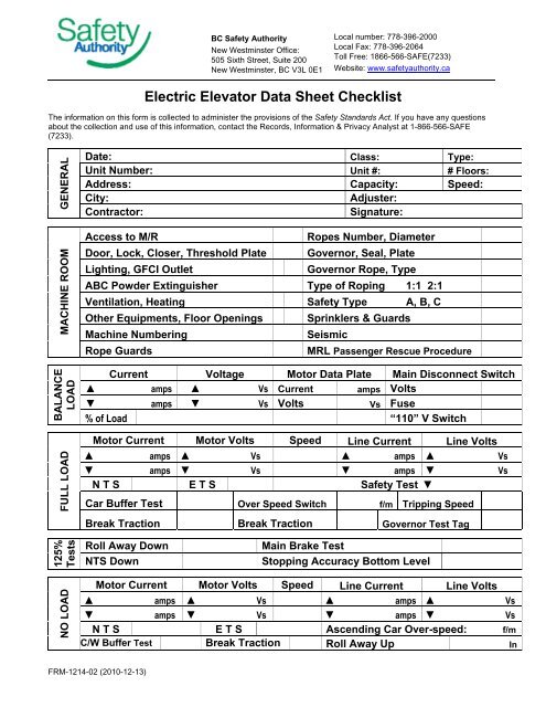 Electric Elevator Data Sheet Checklist Bc Safety Authority 