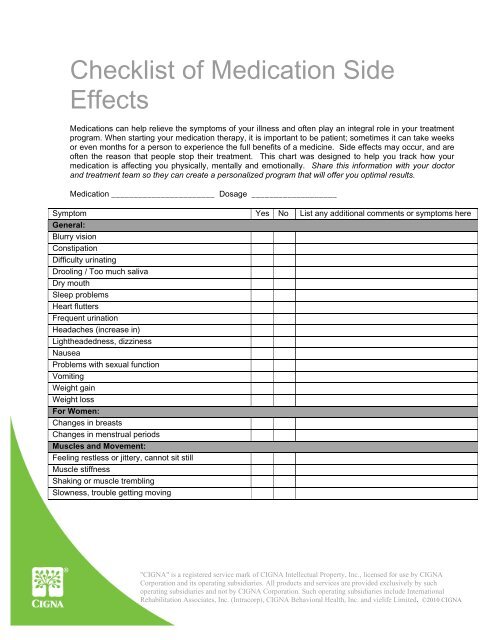 Checklist of Medication Side Effects - CignaBehavioral.com