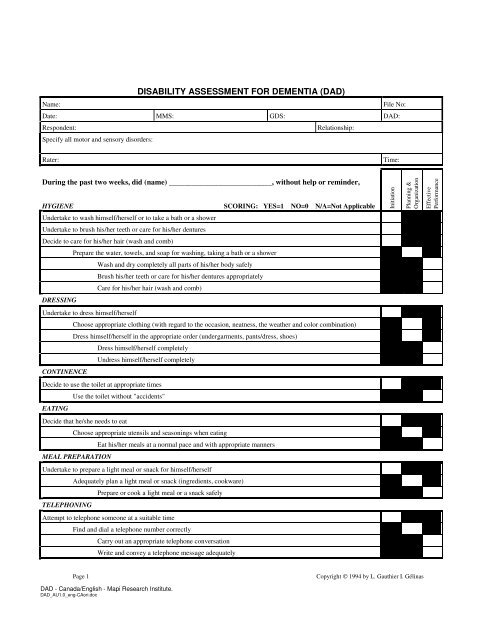 DISABILITY ASSESSMENT FOR DEMENTIA (DAD)
