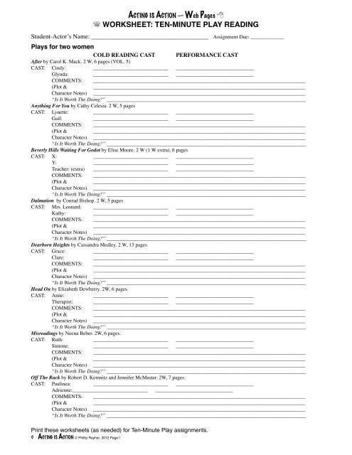 WORKSHEET- TEN-MINUTE PLAY READING