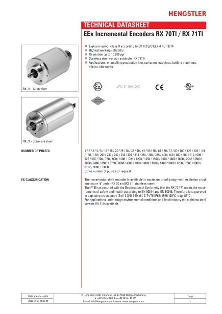 Hengstler RX 70 Incremental Shaft Encoder Data Sheet - Automated ...