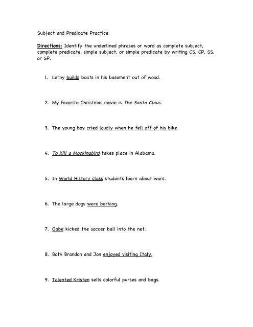 Subject and Predicate Practice 2