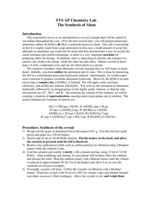 TVS AP Chemistry Lab The Synthesis of Alum