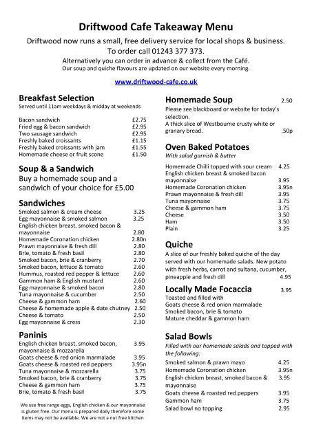 Driftwood Cafe Takeaway Menu